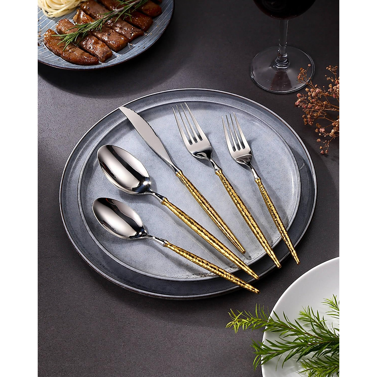 Lemeya 20-Piece Hammered Silver Gold Silverware Set,18/10 Stainless Steel Forging Heavy Duty Cutlery Set for 4, Luxury Unique Flatware Set,Spoons and Forks Set,Mirror Polished,Dishwasher Safe