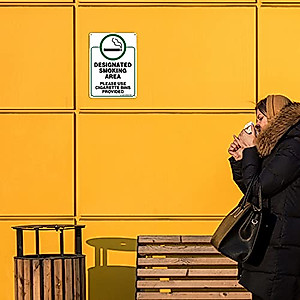 Designated Smoking Area Sign, Use Cigarette Bins Sign - 2 Pack - 10 x 7 Inches Rust Free .040 Aluminum - UV Protected, Waterproof, Weatherproof and Fade Resistant - 4 Pre-drilled Holes