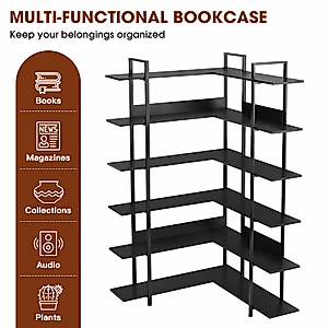 ASTRAEUS Bookshelf 6 Tiers Corner Bookcase L Shaped Shelf,Black