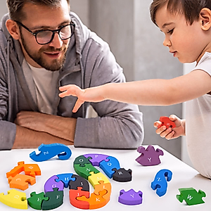 LOVESTOWN Alphabet Jigsaw Puzzle, Building Blocks Animal Wooden Puzzle, Wooden Snake Letters Numbers Block Toys for Kids Birthday Gifts