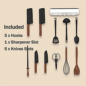 Knife Block Holder Wall, Knife Organizer Storage Shelf Rack Bar with Slots, Sharpening Rod Hooks for Kitchen Cooking White