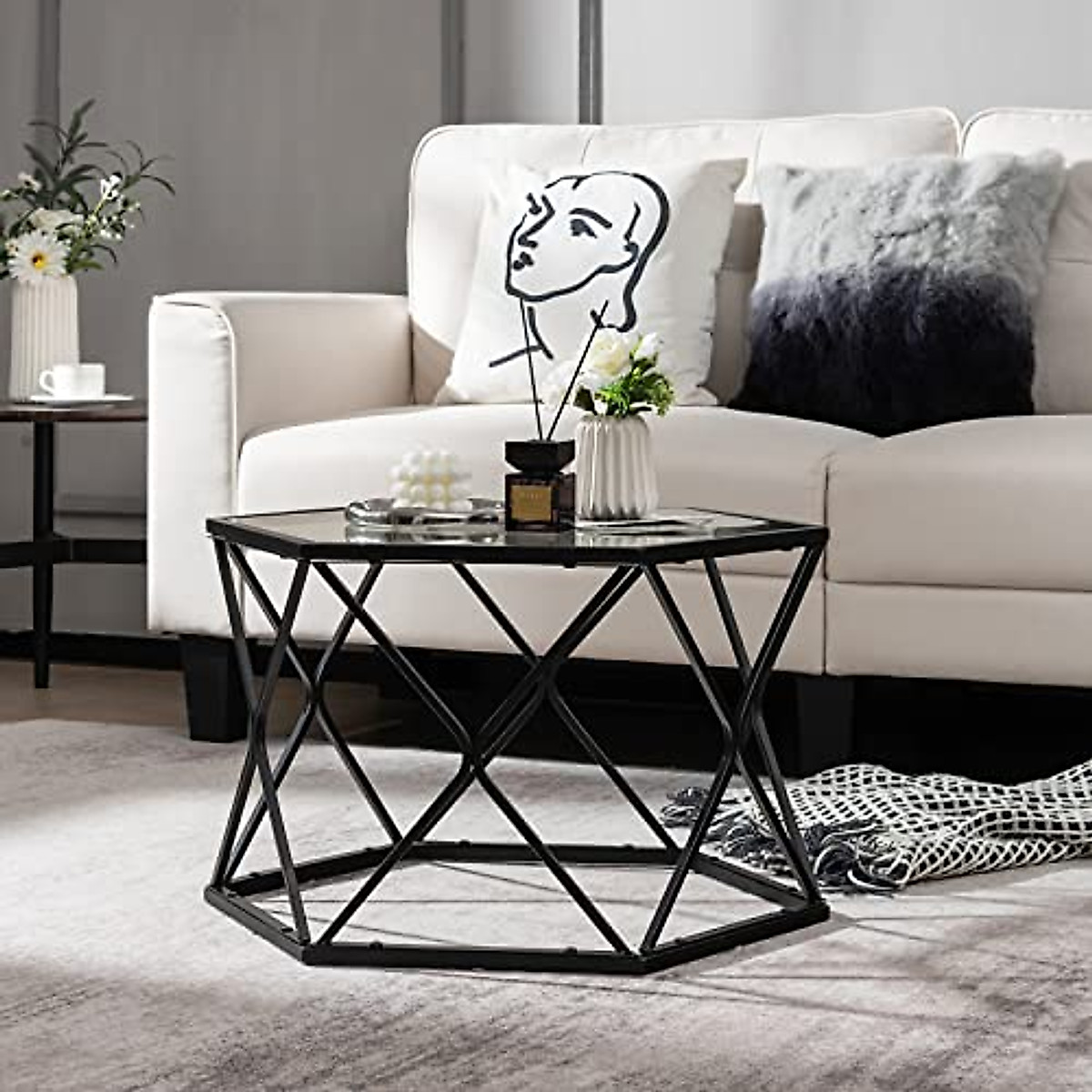 Giantex Hexagonal Glass Coffee Table, End Table w/Tempered Glass Top & Sturdy Metal Legs, Modern Center Table, Geometric Small Glass Table for Living Room, Reception Room, Black