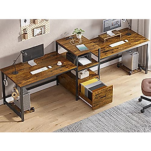 SEDETA 98" Home Office Desk, 2 Person Computer Desk with Letter/A4 File Drawer & Power Strip with USB, Long Desk with Storage, Printer Shelf & Monitor Stand for Home Office, Rustic Brown
