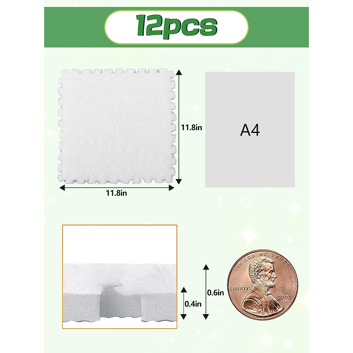 12 pcs Thickened Plush Foam Interlocking Floor Mat, Interlocking Foam Tiles with Edgings for Baby, Soft Anti-Slip Puzzle Area Square Rug Playmat for Children Room Bedroom(11.8", White)