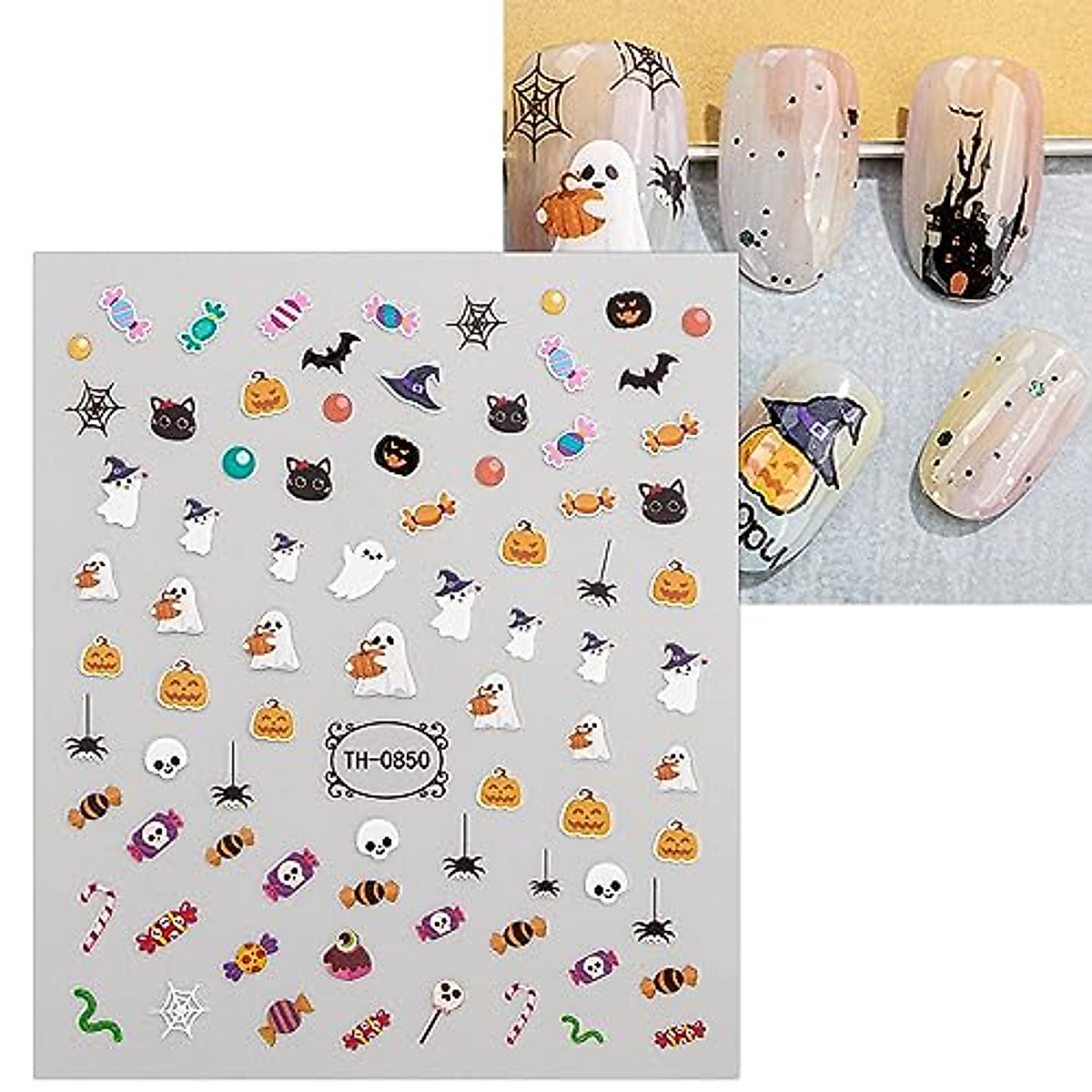 JMEOWIO 9 Sheets Halloween Nail Art Stickers Decals Self-Adhesive Pegatinas Uñas Skull Ghost Spider Web Bat Nail Supplies Nail Art Design Decoration Accessories