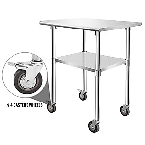 KODOM Food Prep Stainless Steel Table 36" x 30", Heavy Duty Workbench with Adjustable Under Shelf, Commercial Worktable with 4 Casters for Commerical Kitchen, Restaurant, Home and Hotel