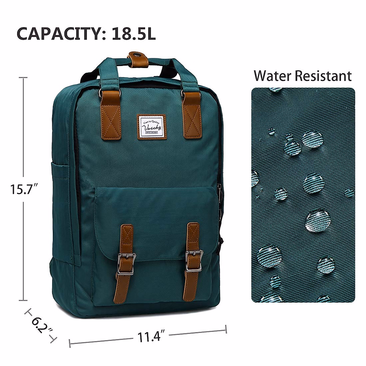 VASCHY School Backpack for Men and Women, Unisex Vintage Water Resistant Casual Daypack Rucksack Bookbag for College Fits 15inch Laptop Blackish Green