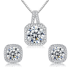 Cubic Zirconia Earrings and Necklace Set for Women 14K White Gold Plated Square Jewelry Set for Women Silver Pendant Necklace Hypoallergenic Stud Earrings Set for Girls Jewellery Gift
