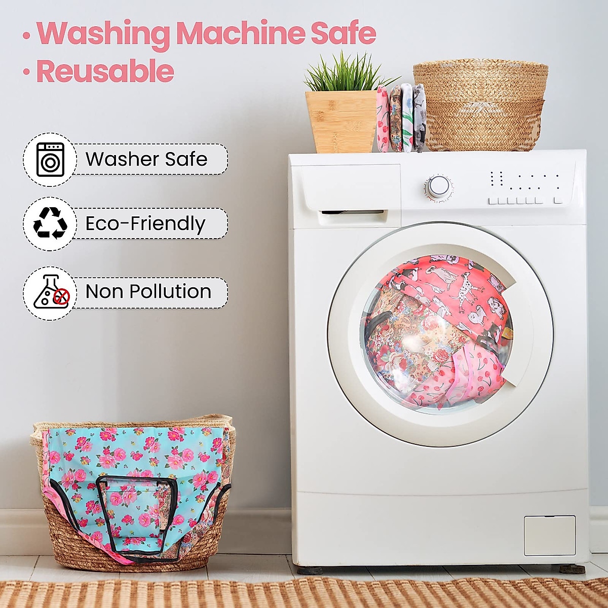 12 Pcs Reusable Reusable Grocery Bags Pouch Bulk X-Large 50Lbs Grocery Bags Foldable Shopping Bags Machine Washable Nylon Fabrics Foldable Grocery Bags Grocery Tote Waterproof Bags with Pouch (Cute)