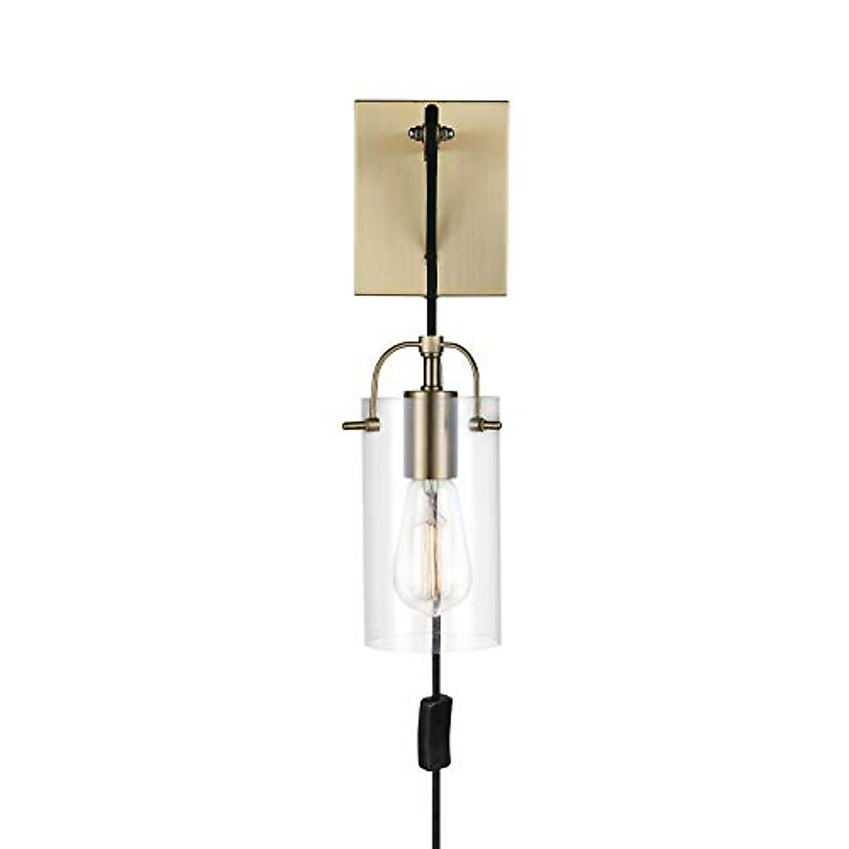 Globe Electric 51629 Nordhaven 1-Light Plug-in or Hardwire Wall Sconce, Antique Brass, Pulley Accent, Clear Glass Shade, Bulb Included