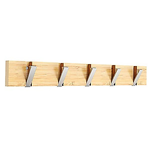 Anjuer Coat Hanger Wall Mounted Clothes Rack 5 Retractable Hooks Heavy Duty Clothes Hat Holder Bamboo Board Silver Hooks