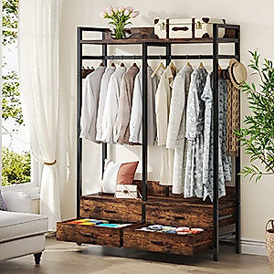 Tribesigns Freestanding Closet Organizer for Hanging Clothes, Heavy Duty Garment Rack with 4 Drawers, 8 Hooks and Storage Shelves, Wardrobe Closet Clothing Rack for Bedroom, Living Room, Rustic Brown