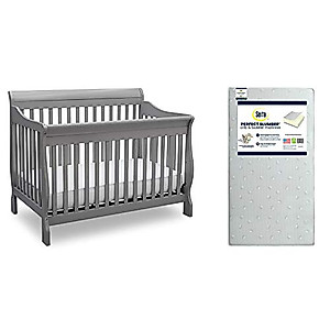 Delta Children Canton 4-in-1 Convertible Crib, Grey + Serta Perfect Slumber Dual Sided Recycled Fiber Core Crib and Toddler Mattress (Bundle)