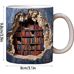 RQPQBO 3D Bookshelf Coffee Mug 11 Oz Microwaveable Dishwasher Safe Library Book Mug 3d Mugs Novelty Coffee Mugs Ceramic Mug Cool Presents For Book Lovers (blue)
