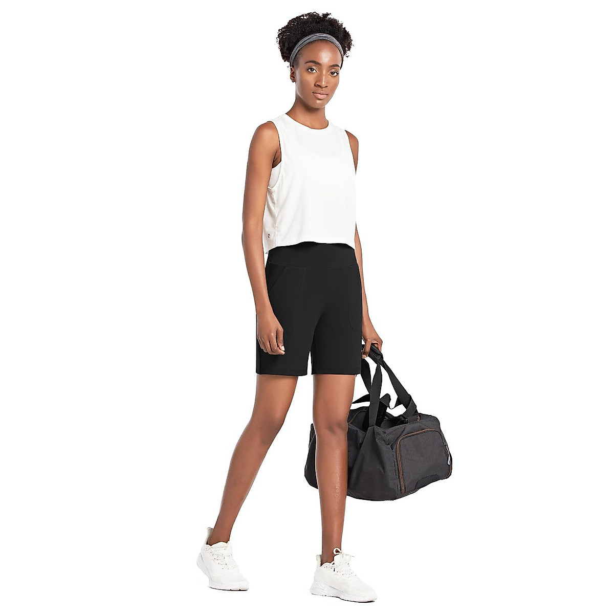 BALEAF Women's 7" Athletic High Waisted Running Bermuda Shorts with Pockets Black XX-Large