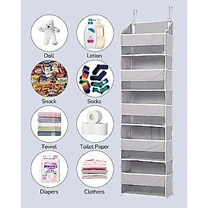 ULG 1 Pack Over Door Organizer with 5 Large Pockets 10 Mesh Side Pockets, 44 lbs Weight Capacity Hanging Storage Organizer with Clear Window for Kids Toys, Shoes, Diapers, Grey, 5 Layer