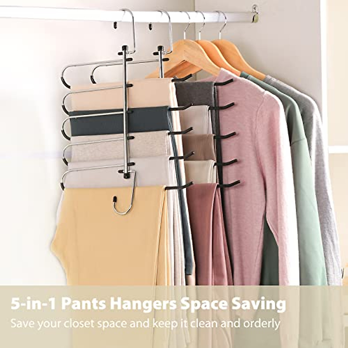 Pants Clothes Hangers Space Saving, RELBRO 2 Packs Multifunctional Pants Rack Hanger Black Stainless Steel Pants Jeans Hangers 5 Layered Closet Organizer for Pants Scarfs Slacks Towels Ties