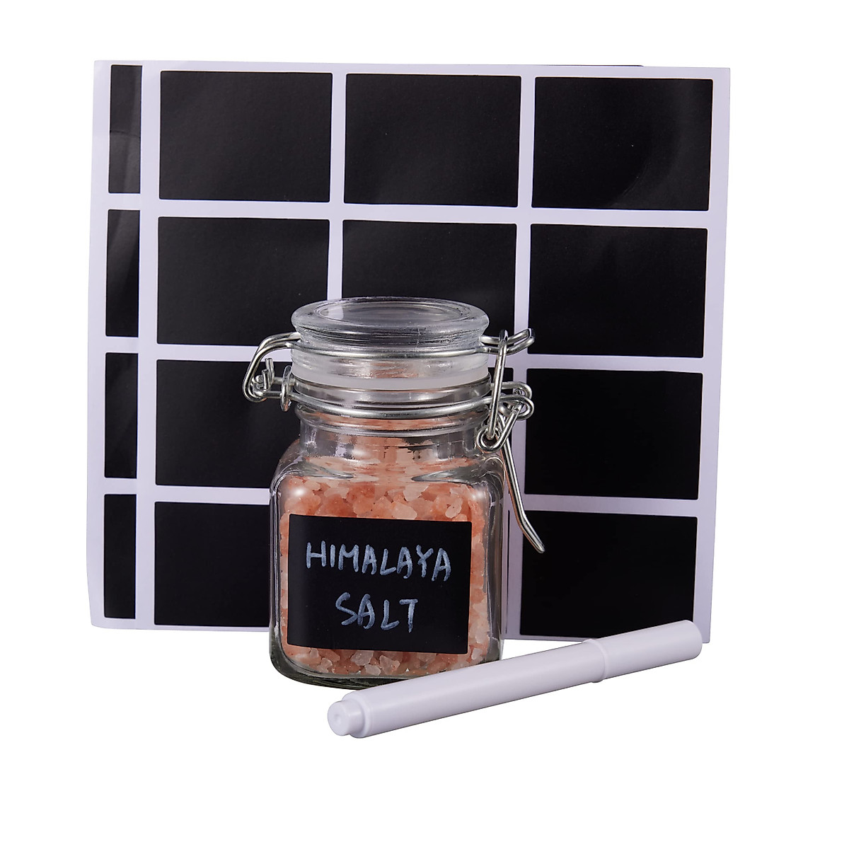 Oak & Steel 12 Pack 3.4oz Small Airtight Glass Spice Jars with Lids & Clip Top, 24 Labels & Chalk Pen - Square Bottles, Herb Jars, Mason Jars, Seasoning Containers