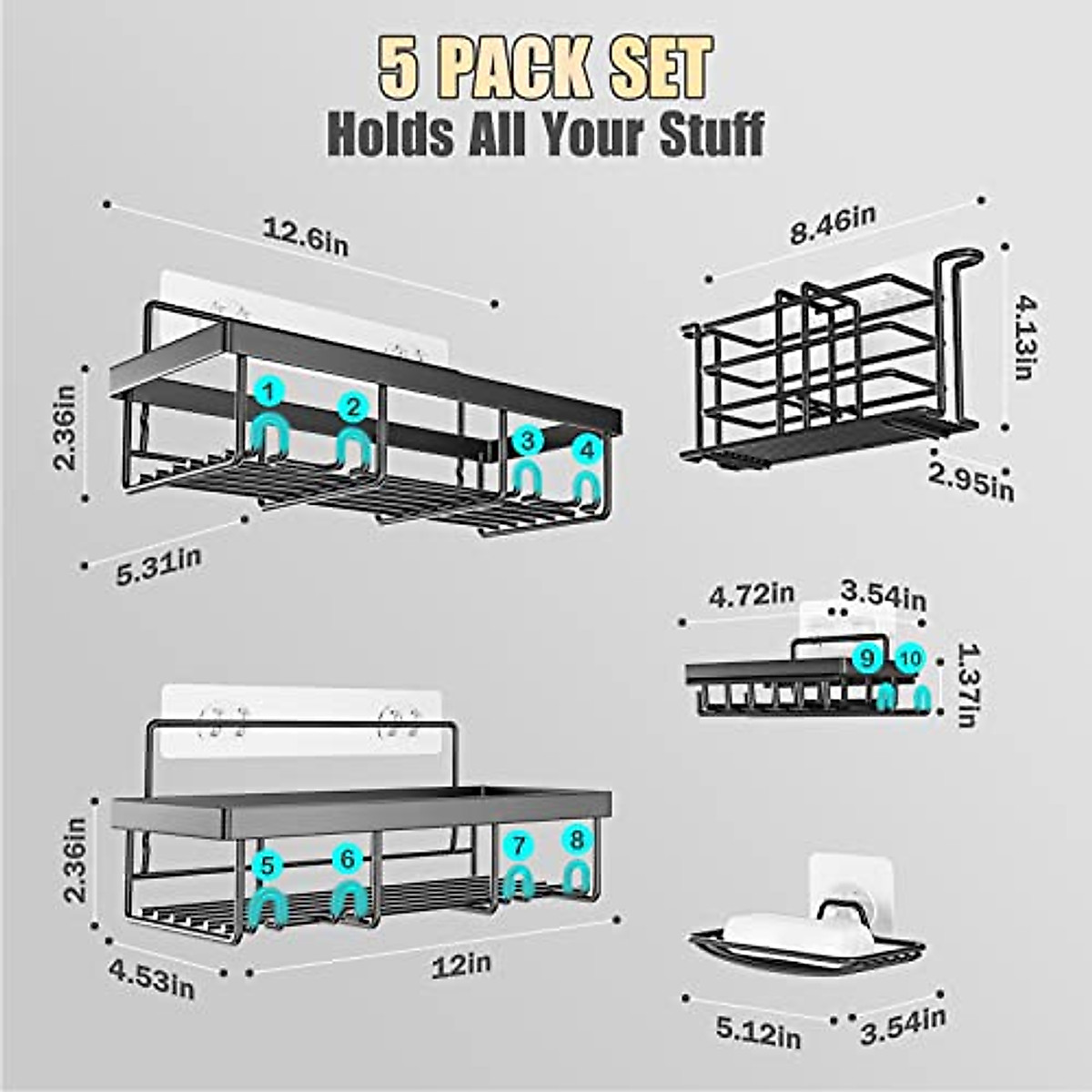 Villsure Shower Caddy, Shower Shelf for Inside with 10 Hooks Adhesive Bathroom Organizer Hanging, No Drilling Stainless Steel Shower Racks Shelves for Kitchen Dorm Apartment, 5 Pack