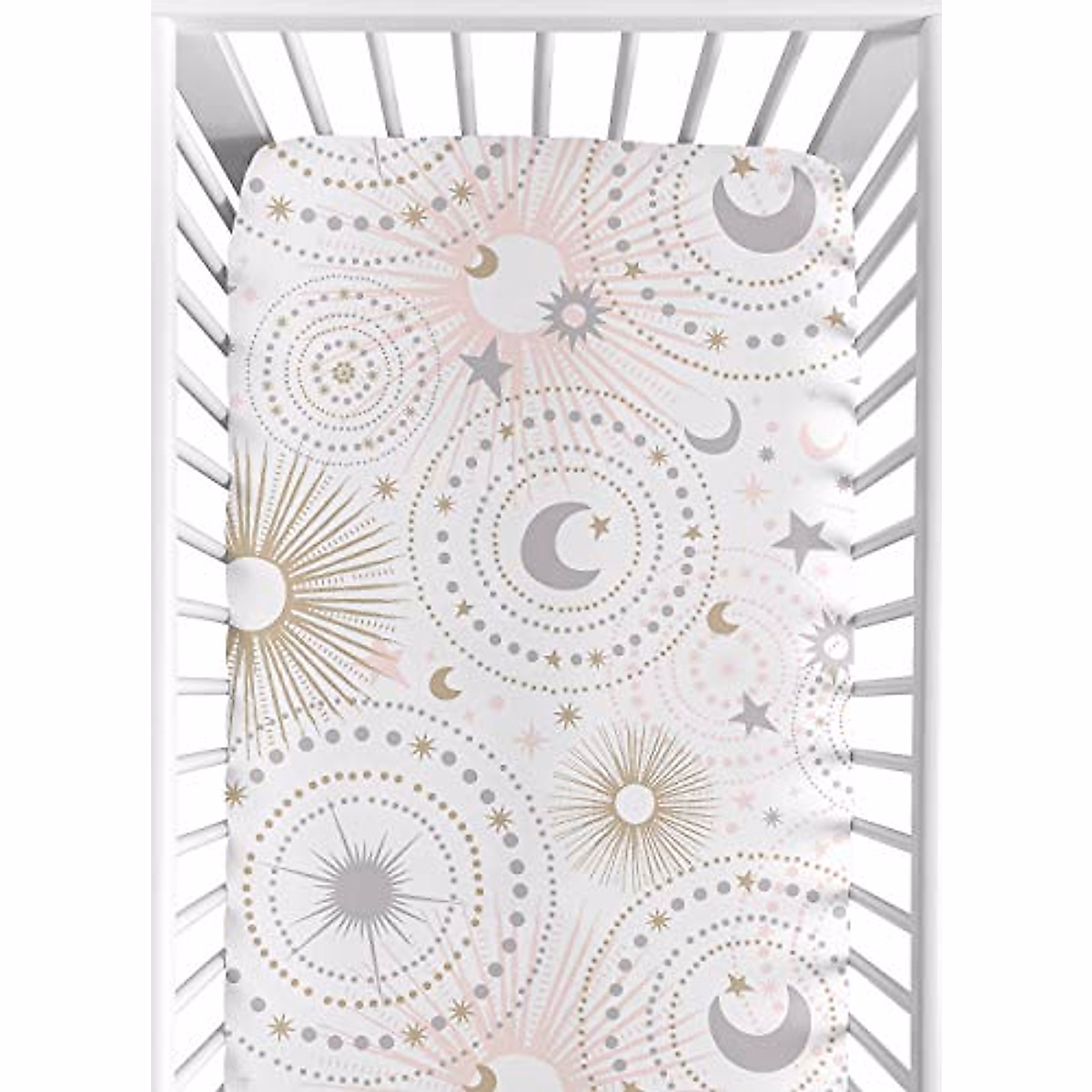 Blush Pink, Gold, Grey and White Star and Moon Baby or Toddler Fitted Crib Sheet for Celestial Collection by Sweet Jojo Designs