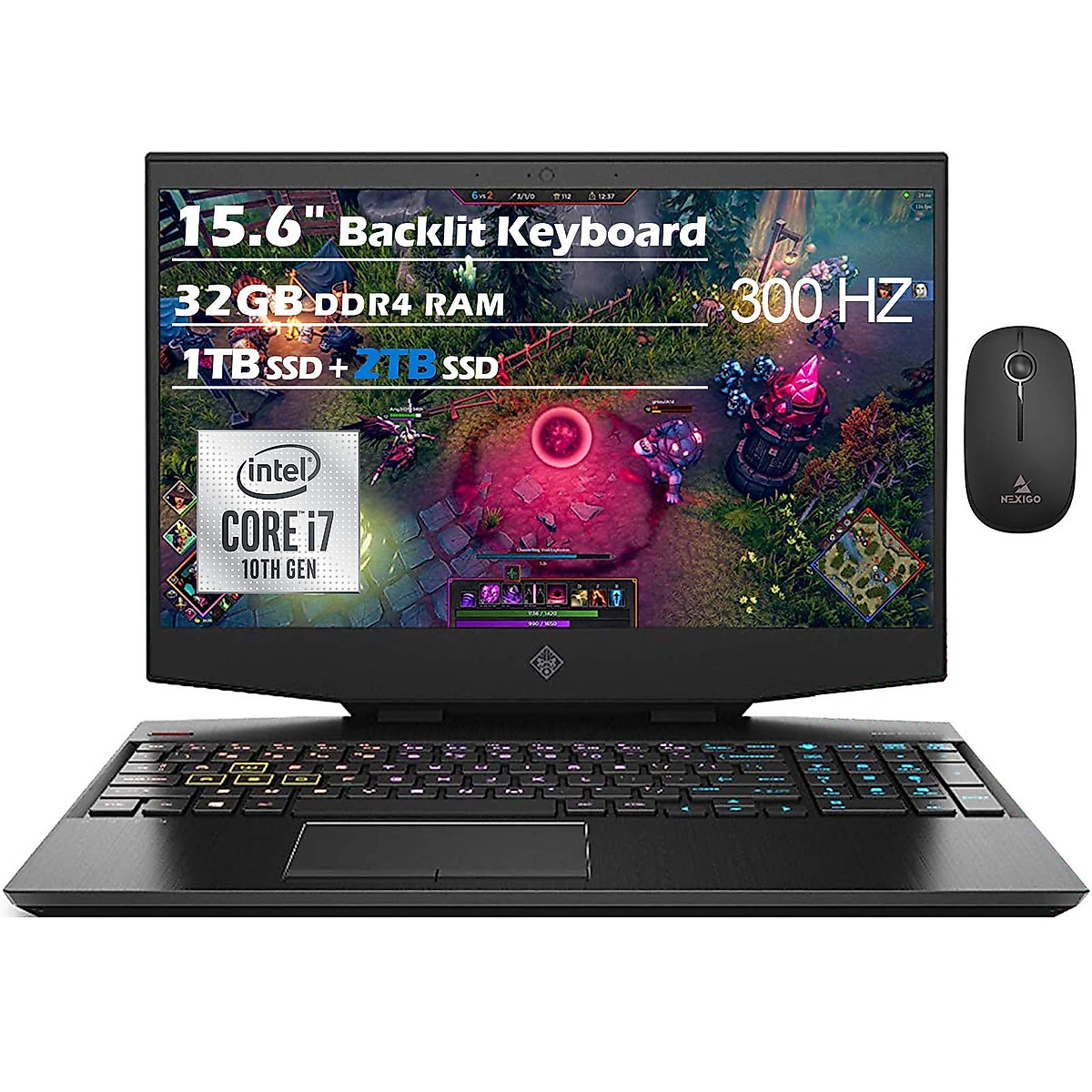 HP OMEN 15.6 Inch 300Hz FHD 1080P Gaming Laptop, Intel Core i7-10750H up to 5.0GHz, RTX 2070 Max-Q 8GB, Backlit KB, 32GB RAM, 1TB PCIE SSD (Boot) + 2TB SSD, Win10 + NexiGo Wireless Mouse Bundle