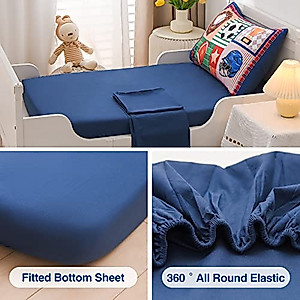 A Nice Night Sports Patchwork for Boys Basketball Baseball Rugby Soccer Printed Toddler Bedding Set,Includes Comforter, Flat Sheet, Fitted Sheet and Pillowcase, Navy