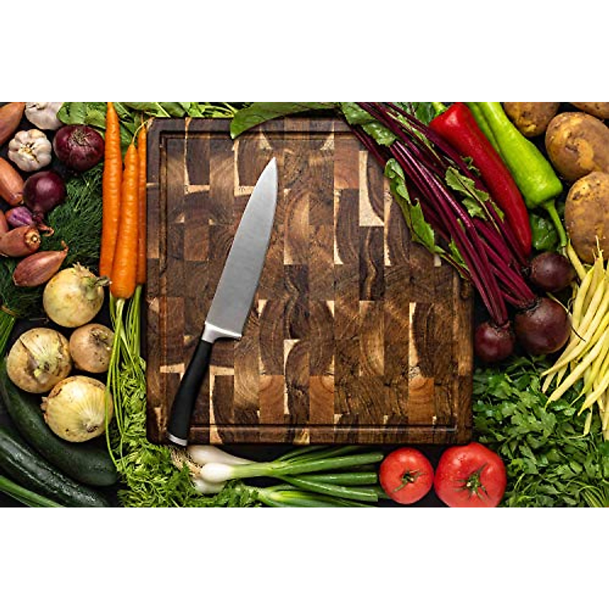 Professional 14" End Grain Cutting Board, Premium Serving Vegetables Meat Kitchen Chopping Butcher Block, Acacia Wood