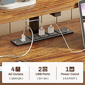 SEDETA Home Office Desk with File Drawer & Power Outlet, 66'' Computer Desk with 5 Drawer, Storage Shelves, Printer Cabinet and Monitor Shelf, Gaming Desk with Led Lights, Rustic Brown