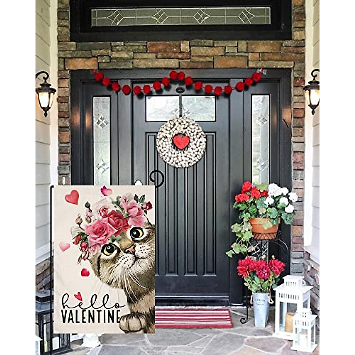 Valentines Cat Garden Flag 12x18 Vertical Double Sided Red Pink Rose Love Heart Spring Farmhouse Holiday Outside Decorations Burlap Yard Flag BW237