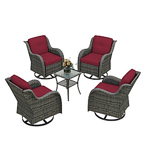 UIXE 5 Pieces Outdoor Patio Furniture Bistro Sets with 360° Swivel Rocking Chairs with Side Table, PE Rattan Rocker Chair Glider Seating Conversation Set for Backyard, Deck, Porch, Red