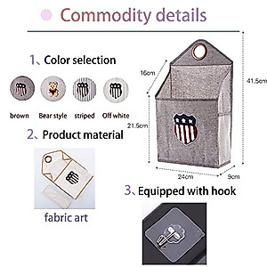 Household Wall-Hanging Storage Bags with Hook Pockets Cotton Linen Storage Basket Family Organizer Box Containers (Beige)