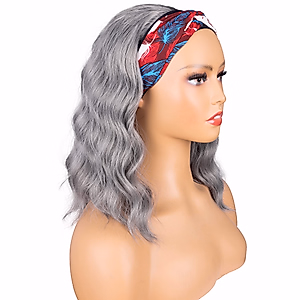 SYMEIW Silver Grey Wavy Headband Wig For Black Women Curly Half Wigs With Headband Attached Synthetic Wrap Wigs Turban Wigs For Women(Gray)…