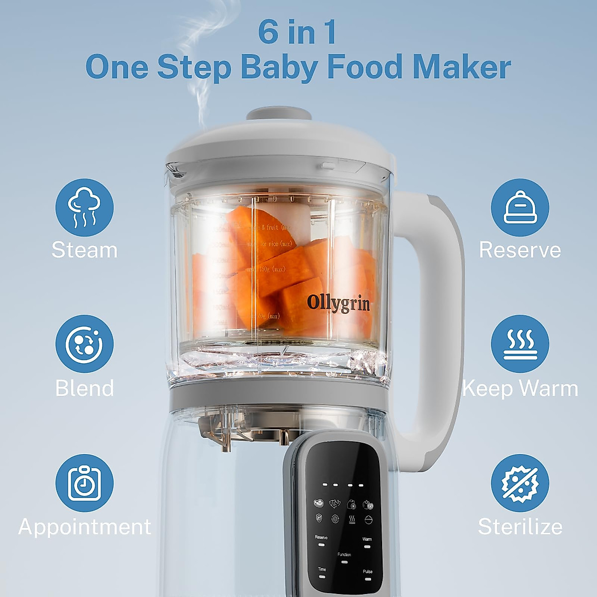 Ollygrin Baby Food Maker Steamer and Blender Baby Food Processor Puree Machine Baby Steamer Blender Food Processor One Step Baby Food Maker Chopper Grinder Auto Cooking Grinding Touch Screen White