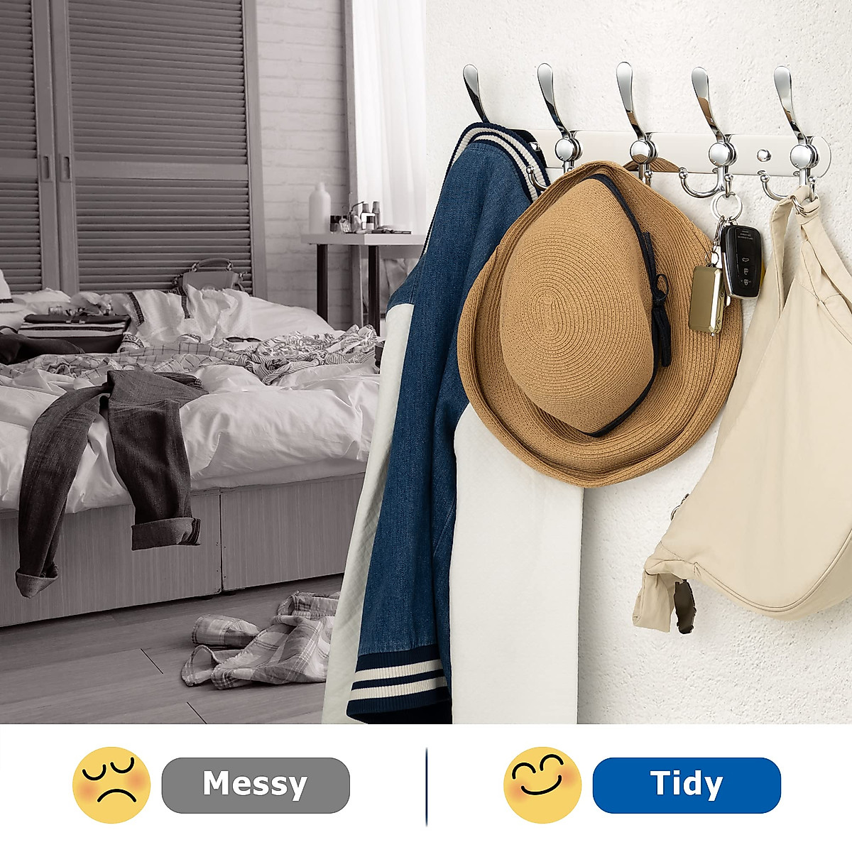 Damita Coat Rack Wall Mount - 5 Tri Hooks, Heavy Duty Coat Hooks for Bathroom, Mudroom, Entryway, Kitchen, 304 Stainless Steel Modern Wall Hook Rack (1 Pack, Silver)