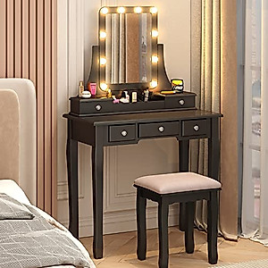 Vanity Desk with Mirror and Lights,Makeup Vanity with Lights Makeup Dressing Table Vanity Table with Lights 10 Bulbs and 5 Drawers,Detachable Top and 360 Rotation Mirror,Modern Dresser Desk (Black)