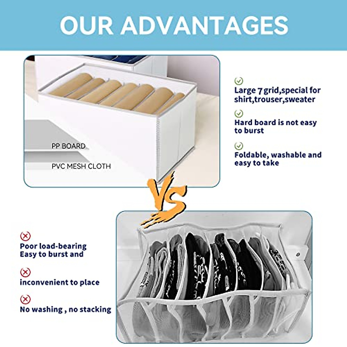 2 Pack Wardrobe Clothes Organizer, 5-7 Grids Clothes Organizer with Support Plates, Foldable Washable Clothes Drawer Organizer and Clothes Organizer for T-Shirts, Bras, Pajamas, Bottoms (7Grids)