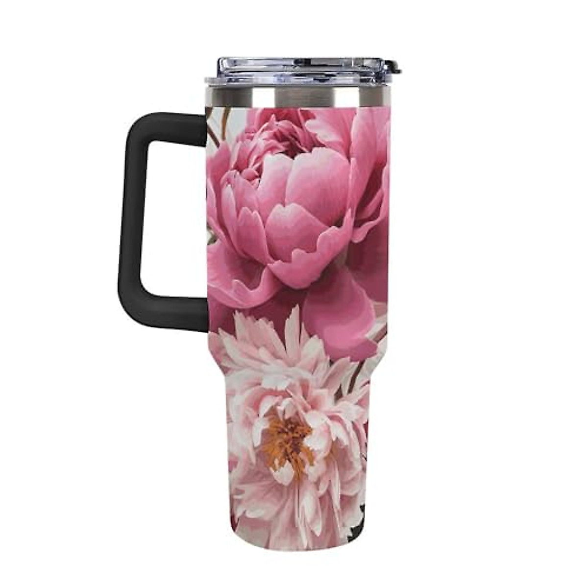 Botanical Floral Insulated Stainless Steel Travel Mug, 40 Oz Tumbler with Handle And Straw Double-Wall Vacuum Coffee Cup, Leak-Proof Lid, Keeps Drinks Hot/Cold for Hours
