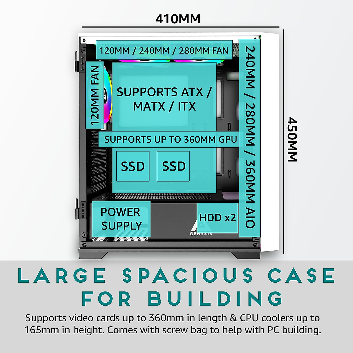 Apevia G-PRO-WH Genesis Pro Mid Tower Gaming Case with 2 x Tempered Glass Panel, Top USB3.0/USB2.0/Audio Ports, 6 x RGB Fans, White Frame