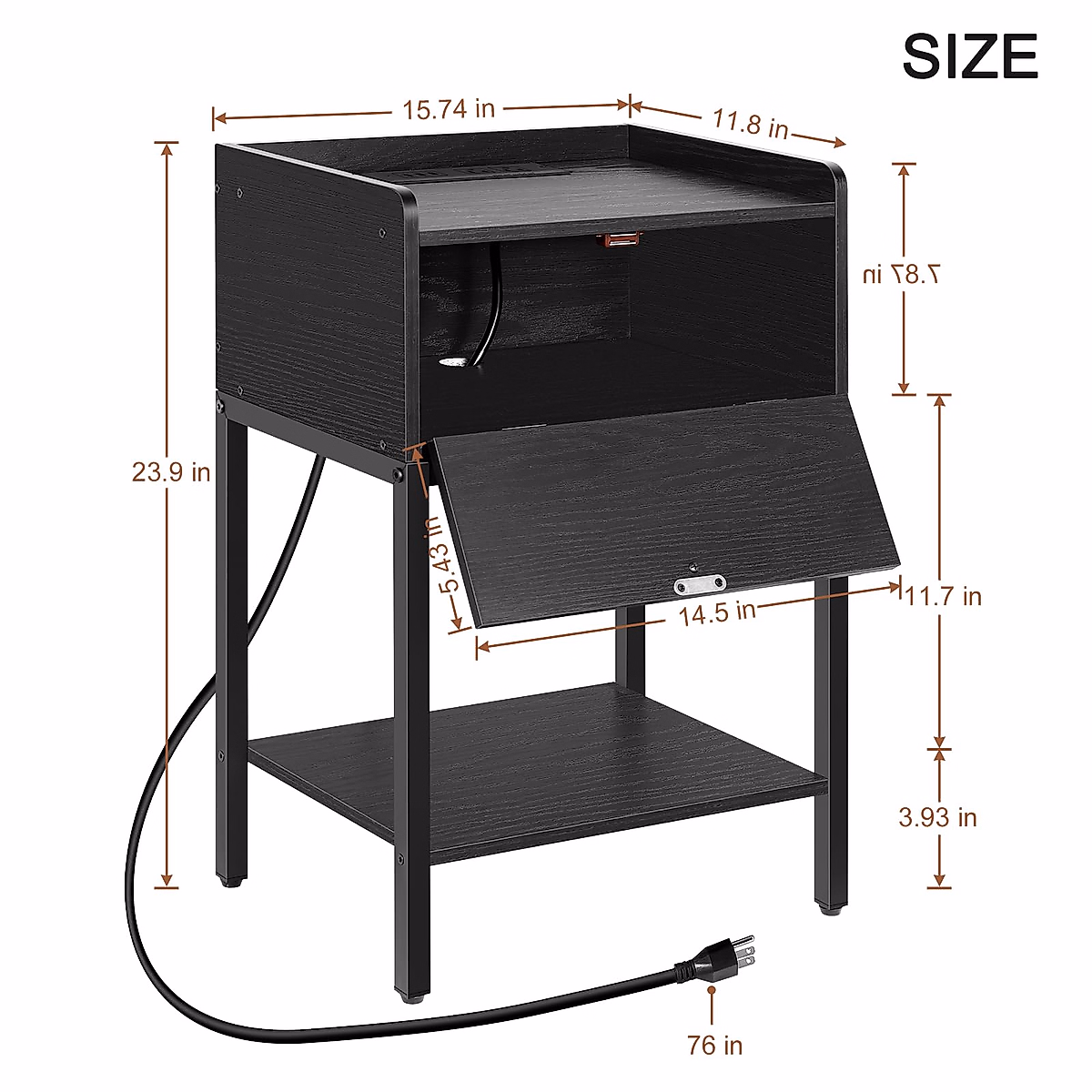 Night Stand with Charging Station, End Tables Living Room, Bed Side Table with Drawers, End Table with Storage, Small Side Table for Small Spaces, Night Table for Bedroom, Skinny Side Table for Couch