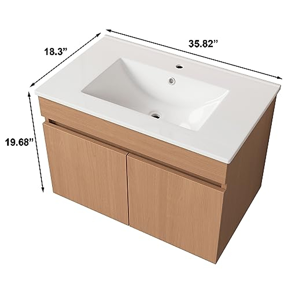 Ymlpre Floating Bathroom Vanity 36 Inch, Wall Mounted Bathroom Cabinet Sink Combo Set with 2 Doors, Ceramic Basin Sink Float Mounting Bathroom Vanity Cabinet for Washroom, 36 Inch Light Oak