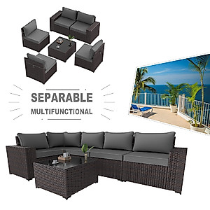 Kullavik Outdoor Patio Furniture Set 6 Pieces Sectional Rattan Sofa Set Brown PE Rattan Wicker Patio Conversation Set with 5 Grey Seat Cushions and 1 Tempered Glass Table