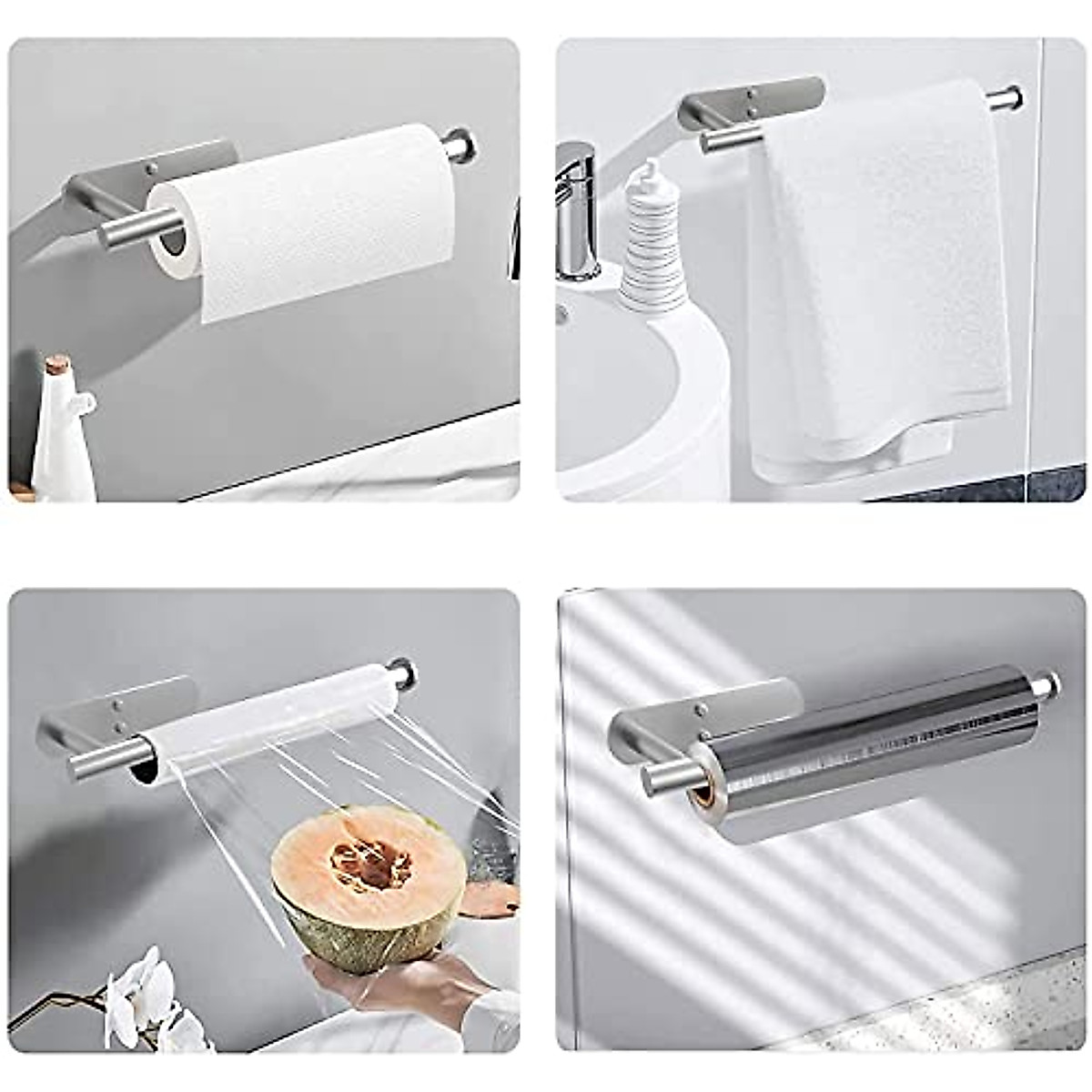 ADLOTRIS Self-Adhesive Metal Paper Towel Holder Under Cabinet in Home & Kitchen, Holders Wall Mount Hanger for Bathroom, Papel Toalla Cocina, SUS304 Stainless Steel(White, Black) (Sliver), TUO335