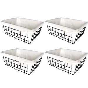 Wire Storage Baskets, 4 Pack Metal Household Organizer with 4 Pcs Fabric Liners, Refrigerator Bin with Handles, for Pantry, Shelf, Freezer, Kitchen Cabinet, Bathroom, Countertop, Closets (Black)