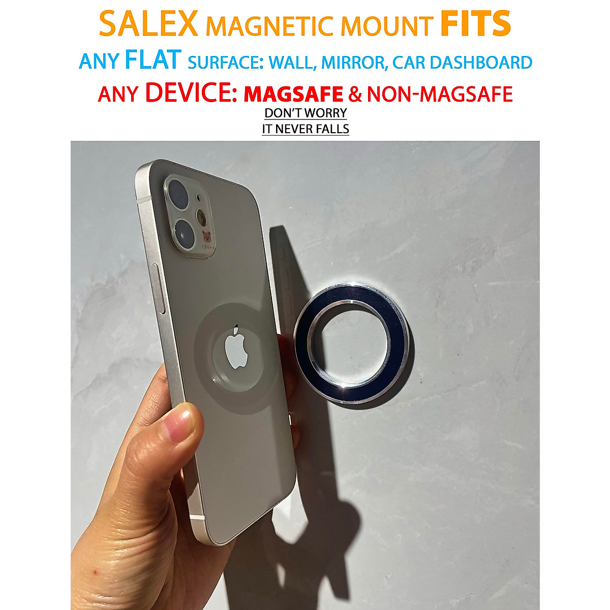 SALEX Compatible with Magsafe Car Mount for Dashboard, Wall, Fridge, Truck, Mirror 2 Pack. Stick On Magnetic Phone Mount for iPhone 15 14 Plus 13 Pro Max 12 Mini. Flat Magnet Dash Phone Holder