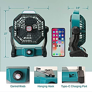 CONBOLA Portable Battery Operated Fan with LED Lantern, 10400mAh Outdoor Small Rechargeable Quiet Camping Fan, Personal Desk Fan Cooling Table Fan with Hanging Hook for Tent,Bedroom, Office(Green)