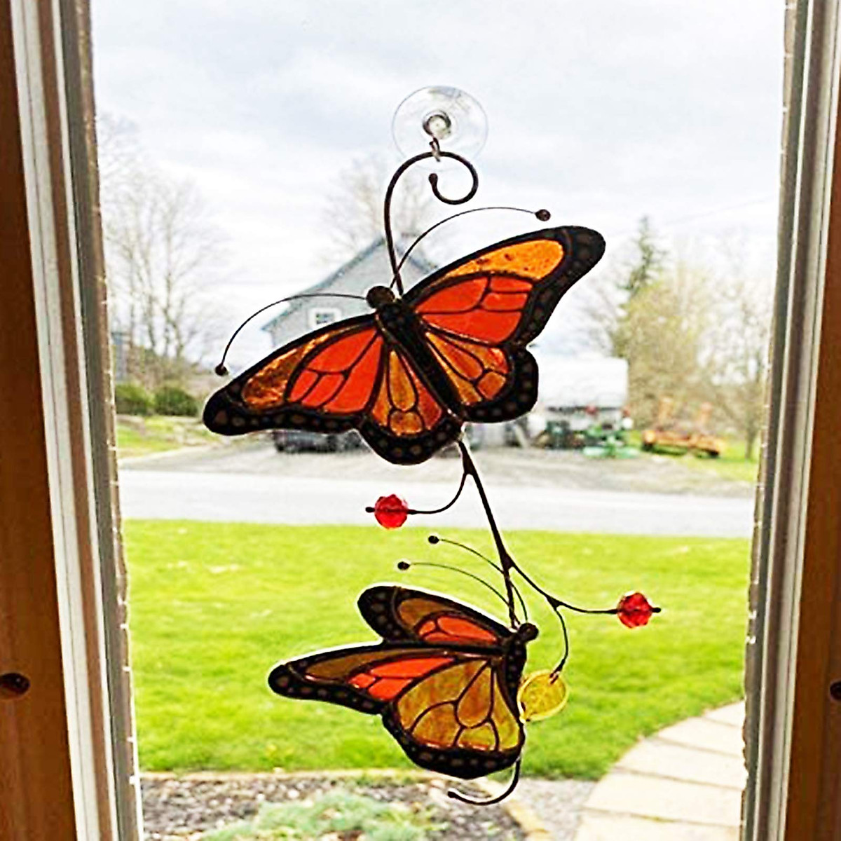 dxS8hhuo Stained Monarch Butterfly Glass Window Decor, Hanging Butterfly Decorations, Stained Glass Wall Art for Garden Yellow