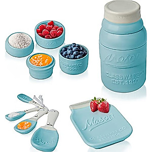 Vintage Mason Jar Ceramic Kitchenware Set by Comfify - Multi-Piece Kitchen Ceramic Décor Set w/ 4 Measuring Cups, 4 Measuring Spoons and Spoon Rest - Attractive Vintage Style, in Aqua Blue/Teal