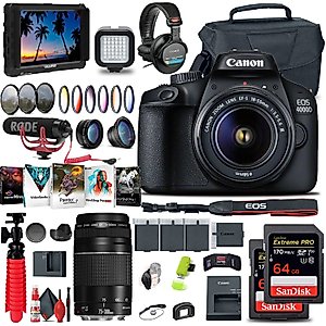 Canon EOS 4000D / Rebel T100 DSLR Camera with 18-55mm Lens + Canon EF 75-300mm Lens + 4K Monitor + Mic + Headphones + 2 x 64GB Memory Card + Color Filter Kit + Case + More (Renewed)