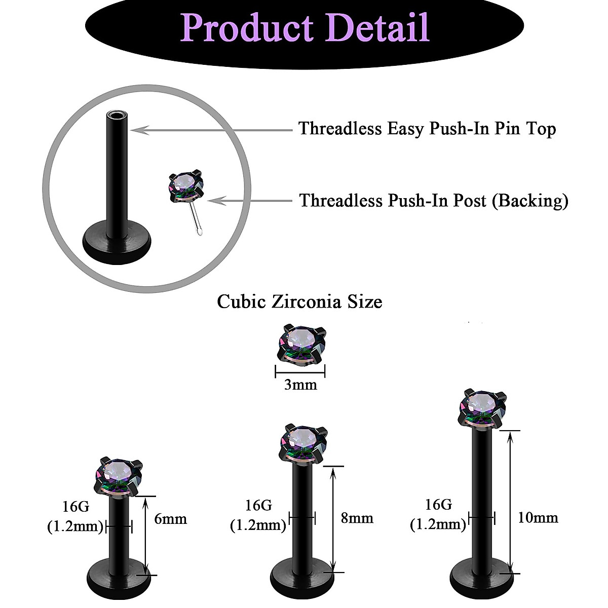 Pierstyles 20G 18G 16G Threadless Push in Lip Ring Stainless Steel 3mm Clear CZ Stud Top 6mm 8mm 10mm Labret Tragus Nose Cartilage Daith Stud Earring Flat Back Monroe Piercing Jewelry for Women Men,