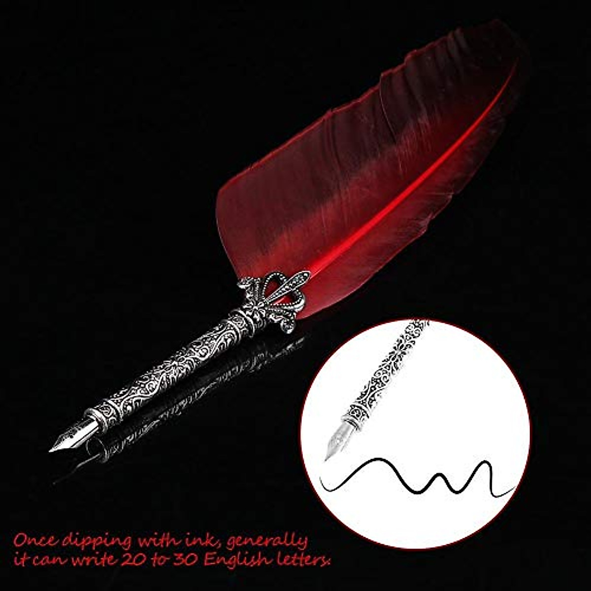 Quill Pen Set Vintage Ink Set Antique Calligraphy Writing Antique Executive Gift Quill Pen for School+5 Replacement Nibs+Ink Bottle+ Pen Nib Base(Red)